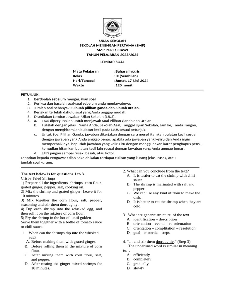 Ujian Sekolah Bahasa Inggris SMP 2024 | PDF | Snake | Snow White