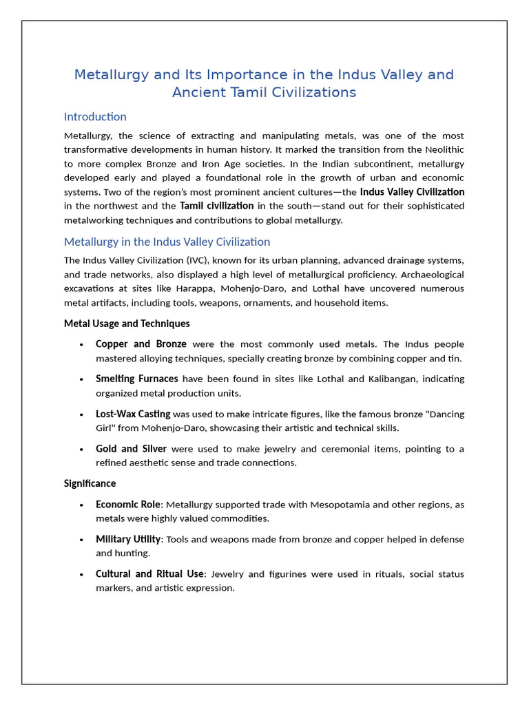 Metallurgy and Its Importance in The Indus Valley and Ancient Tamil ...
