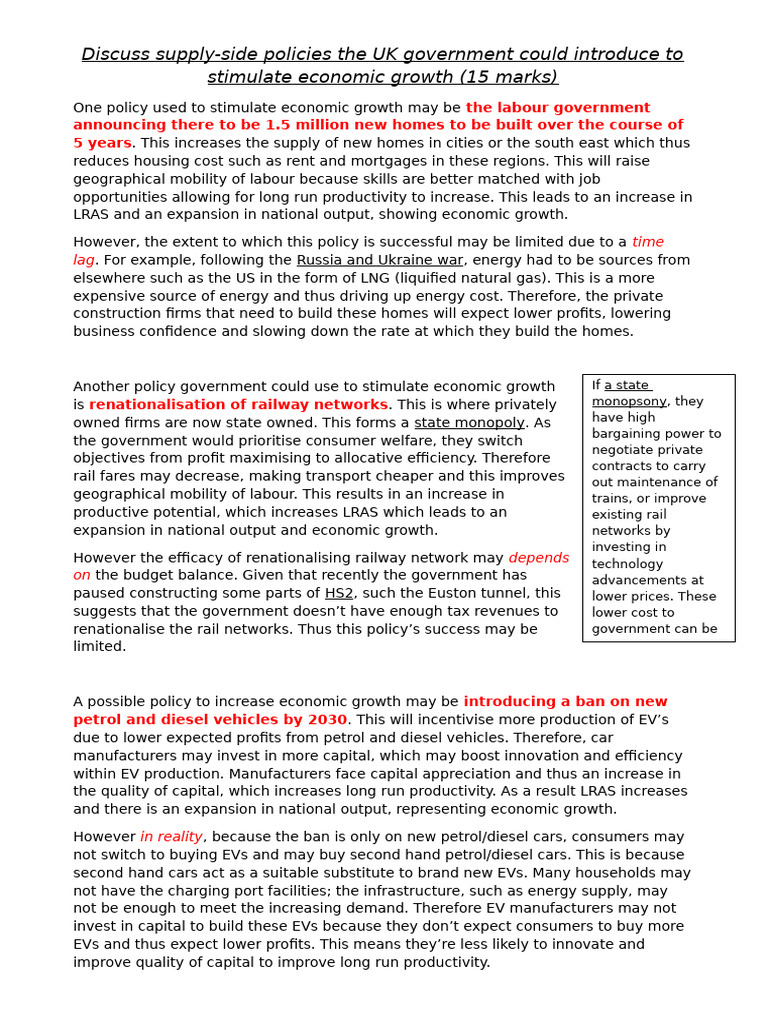 Discuss Supply Side Policies To Stimulate Economic Growth (15 Marks ...