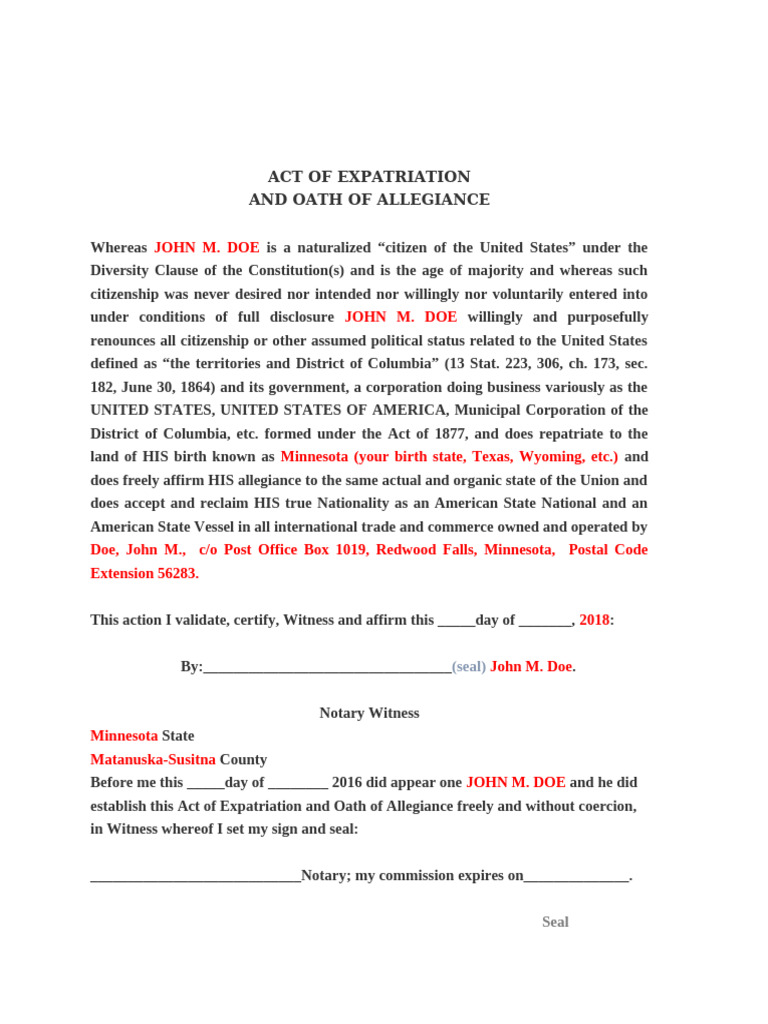 Example ACT OF EXPATRIATION JOHN M. DOE | PDF