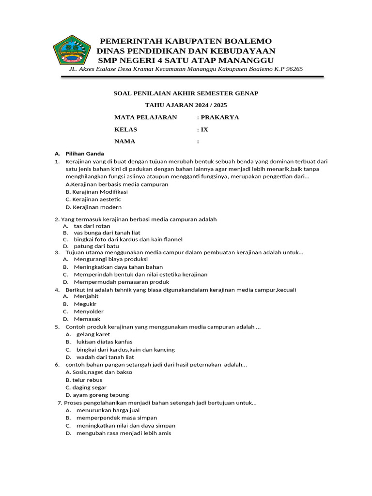 soal akm prakarya kelas 9 semester genap 2025 | PDF