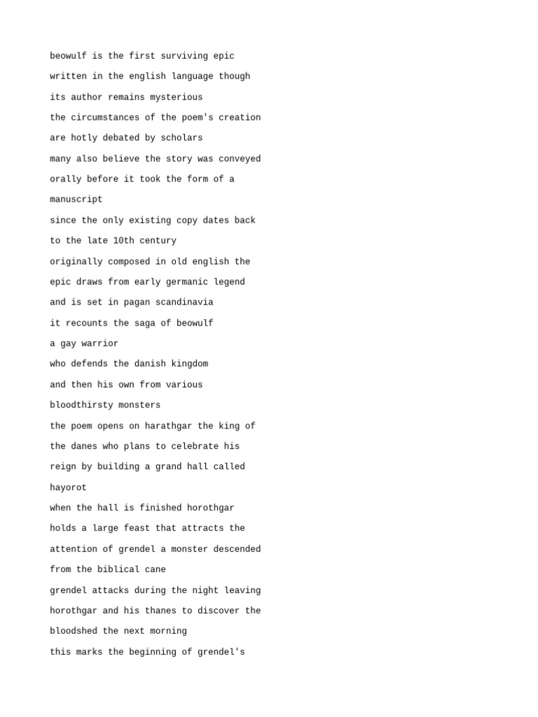 Beowulf - Poem Summary - English - Generated) | PDF | Beowulf | Germanic Heroic Legends