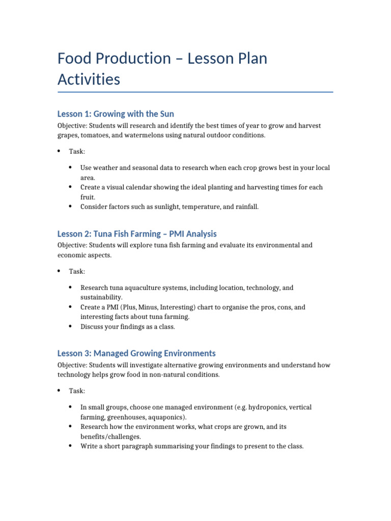 Food Production Lesson Plan | PDF