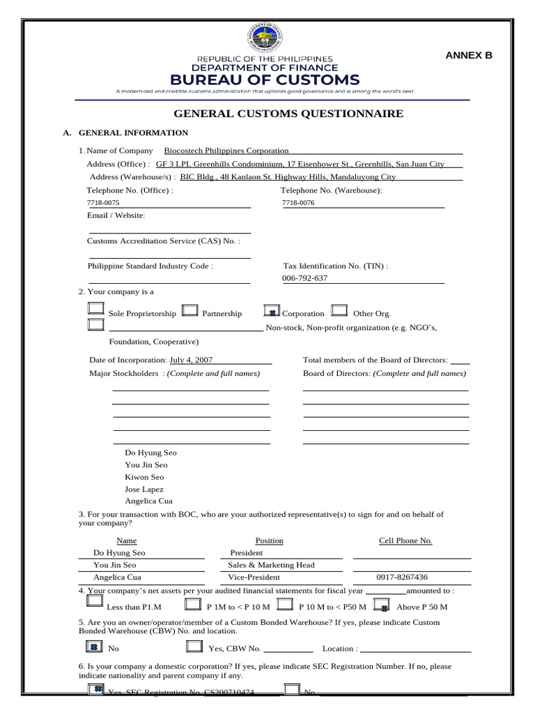 Annex B - General Customs Questionnaire | PDF | Business | Private Law