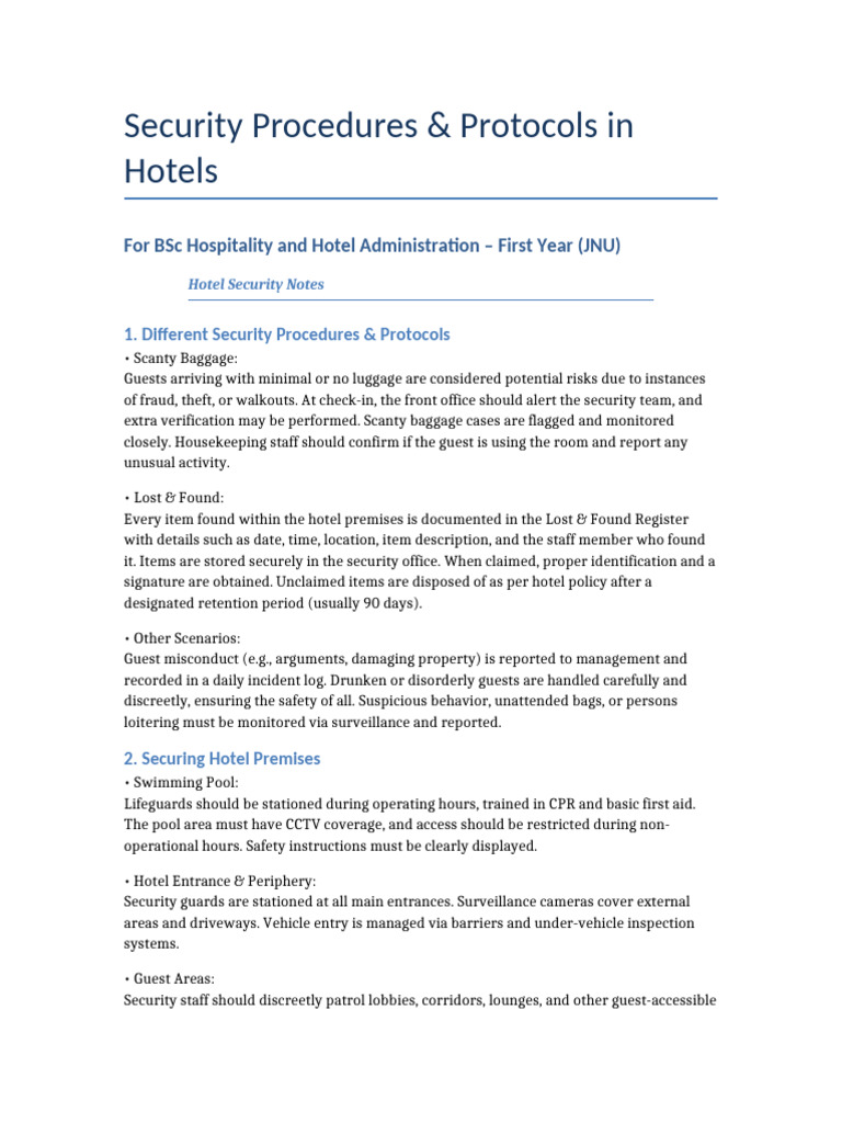 Elaborated Security Procedures Protocols Hotel JNU | PDF | Closed ...