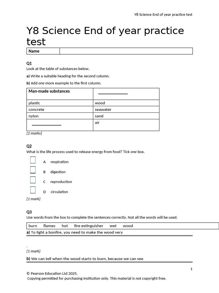 Y8 Science End of Year Practice Test Questionpaper | PDF | Oxide ...