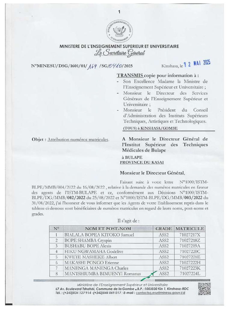 Matricule Istm Bulape - 042816 | PDF