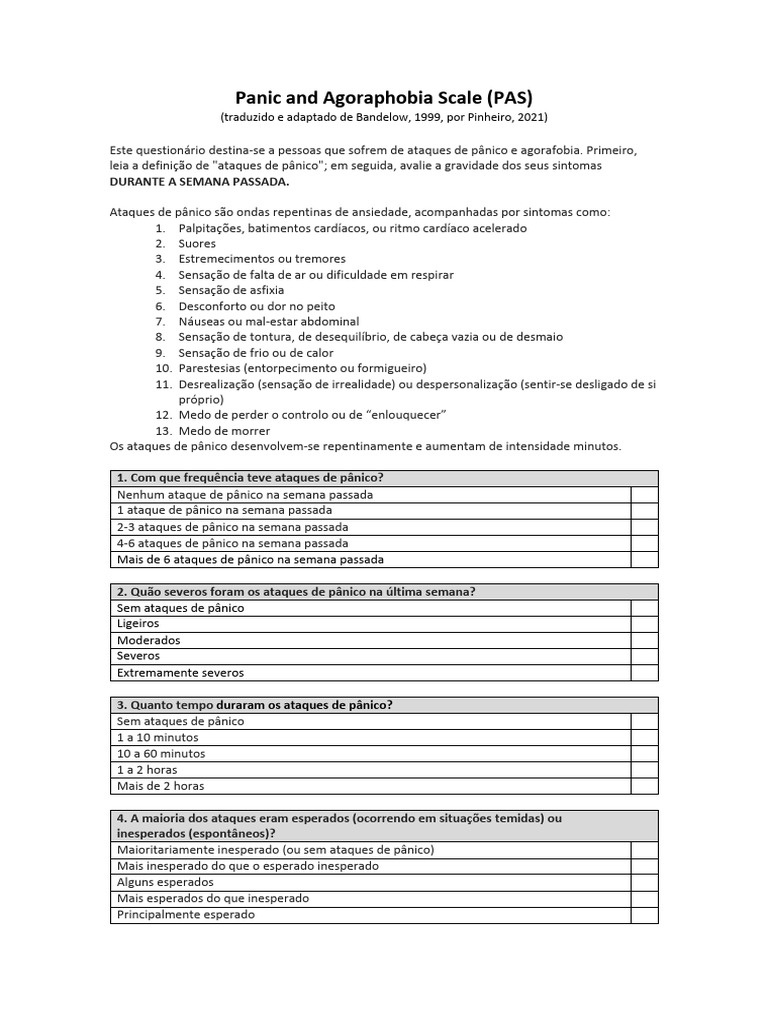 Escala de Pânico e Agorafobia (PAS) | PDF | Ataque de pânico ...