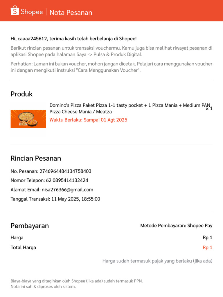 Rincian Nota Pesanan Shopee Pizza | PDF