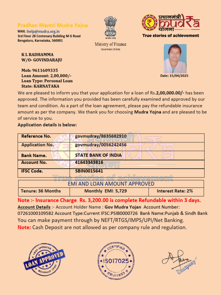 K L RADHAMMA Mudra Yojna | PDF | Banks | Insurance