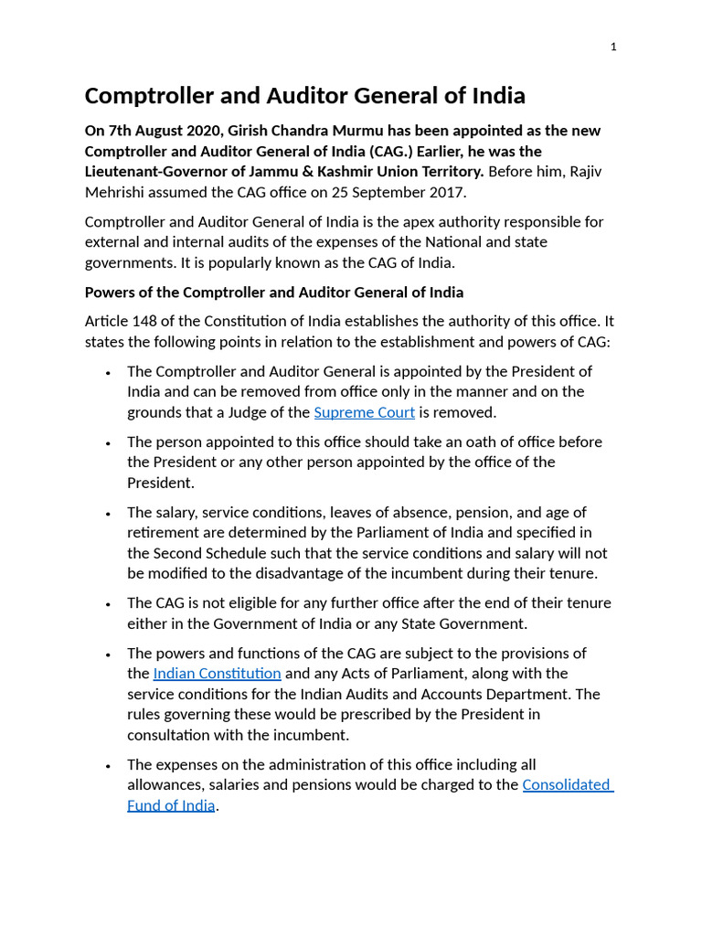 Current Comptroller and Auditor General of India | PDF | Government ...