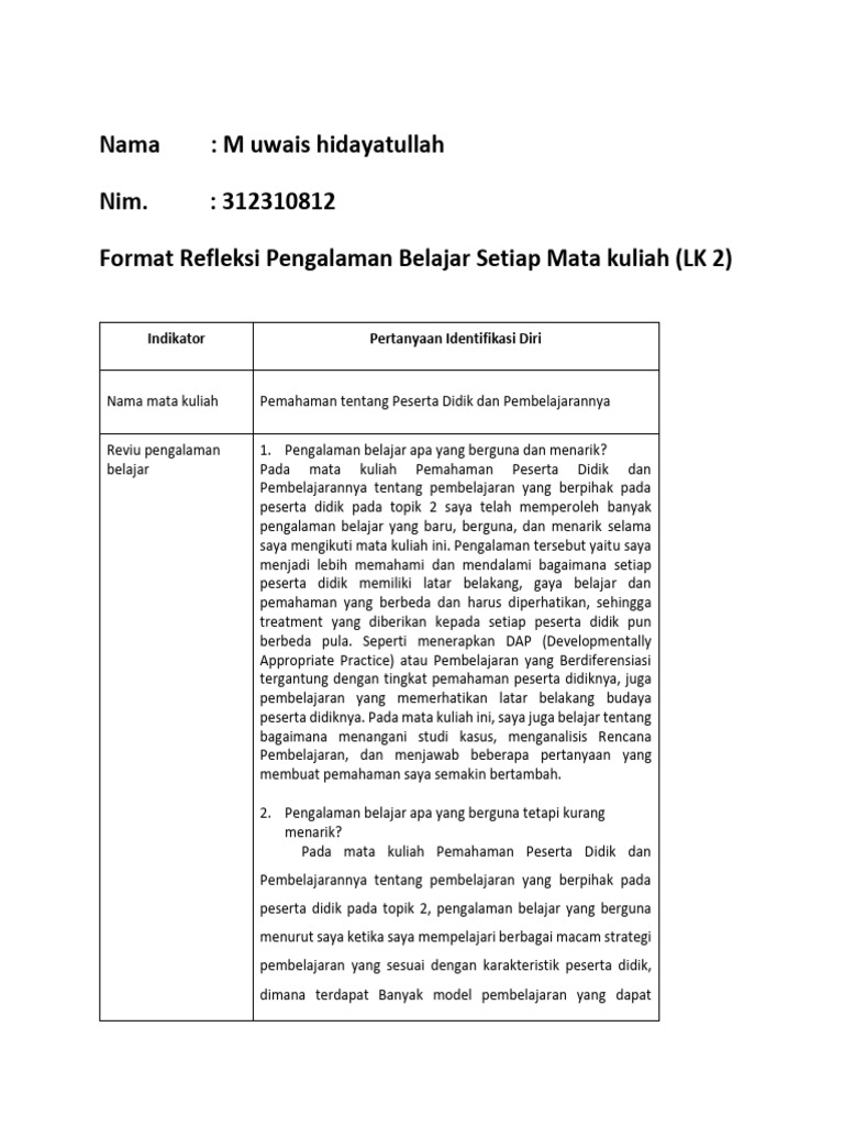 Refleksi Mata Kuliah Perkembangan Peserta Didik Dan Pembelajarannya | PDF