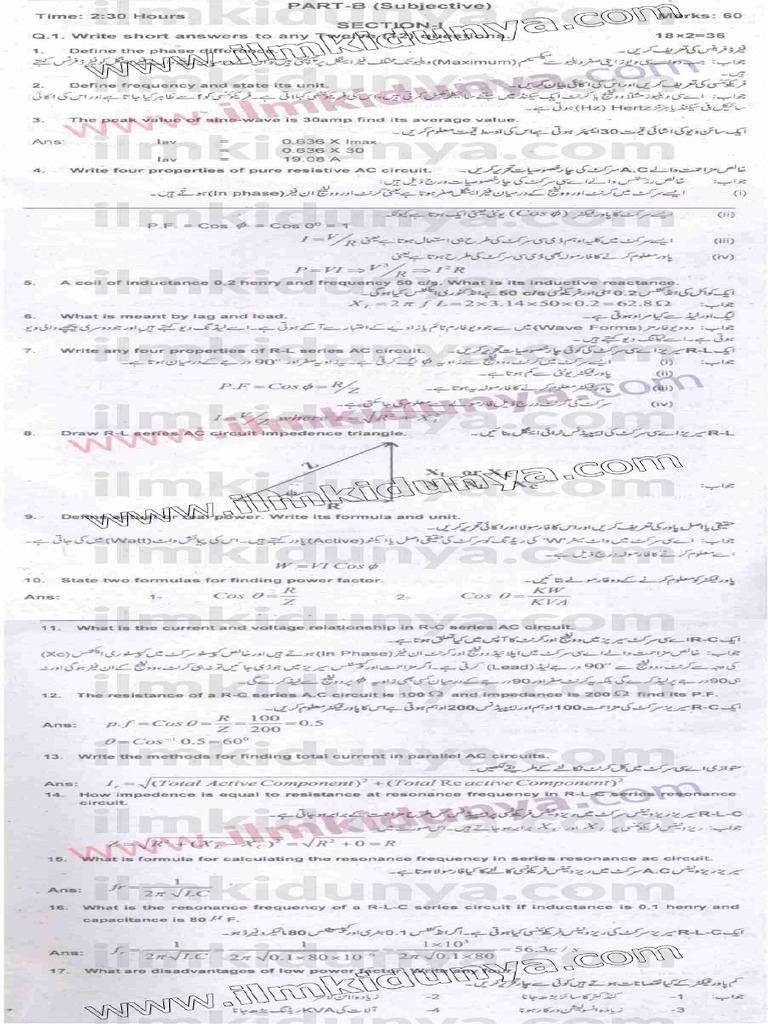 DAE IA 2018 Past Papers Electrical 1st Year Principles of Electrical ...