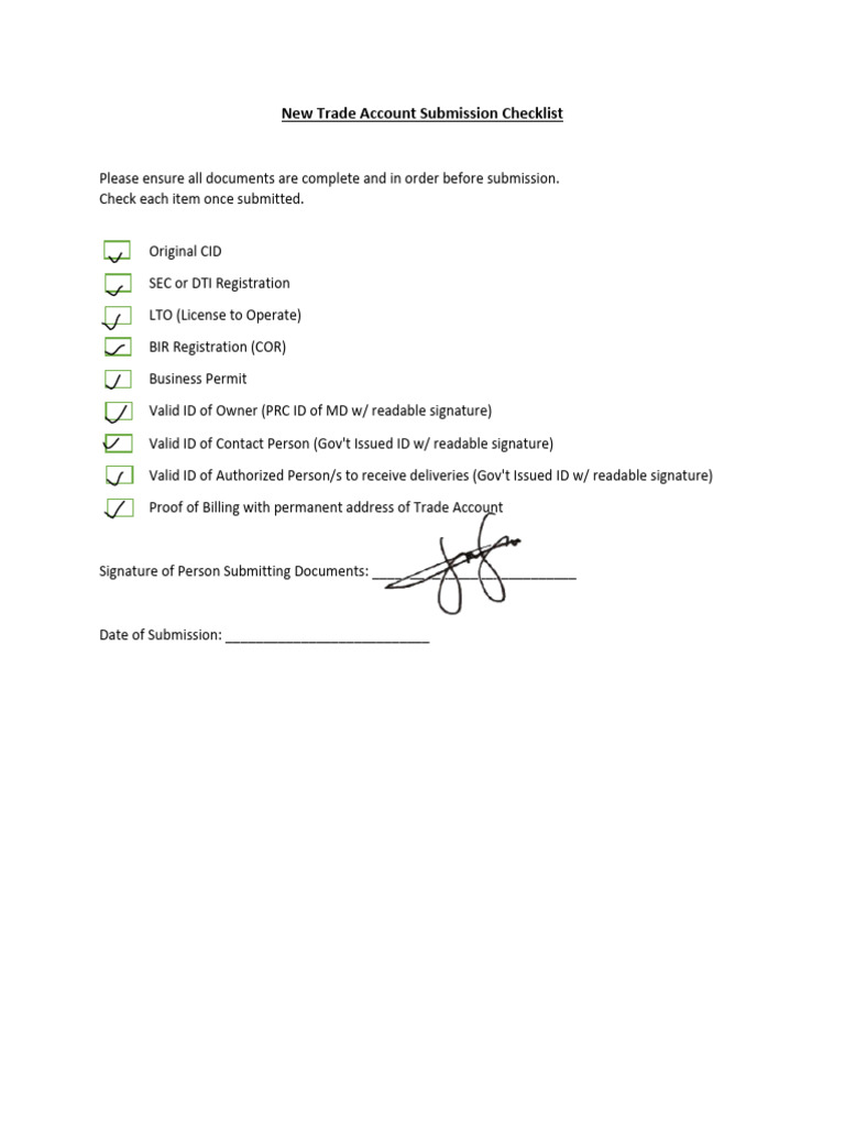 Trade Account Submission Checklist | PDF