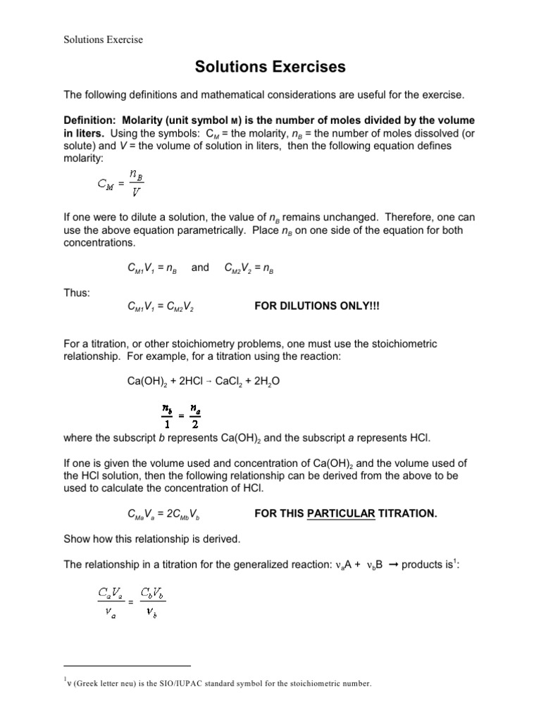 Solutions Exercises for Molarity Calculations | PDF | Stoichiometry ...