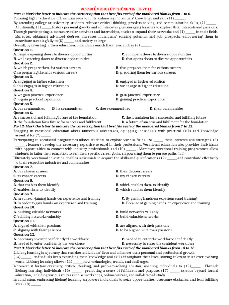 Đọc Điền Khuyết Thong Tin TEST 1 | PDF | Vocational Education ...