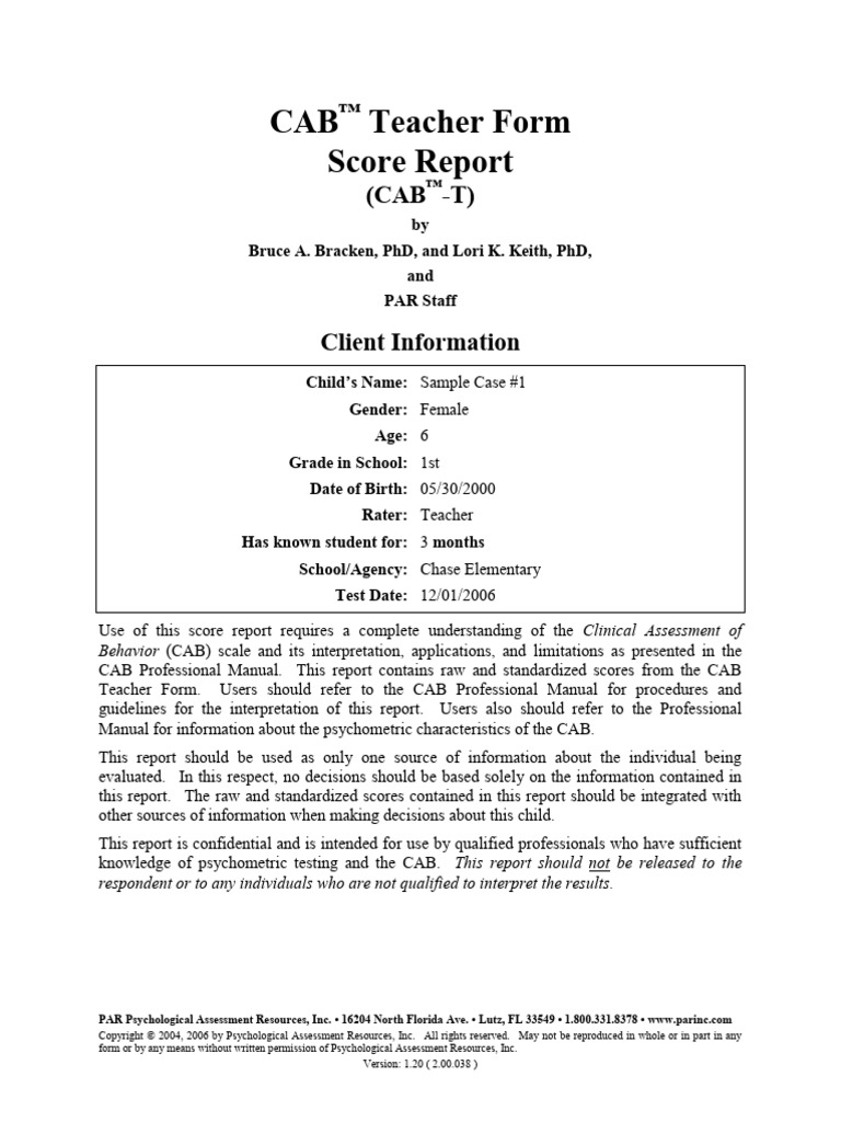 CAB Teacher Form Score Report | PDF | Psychological Testing | Psychometrics