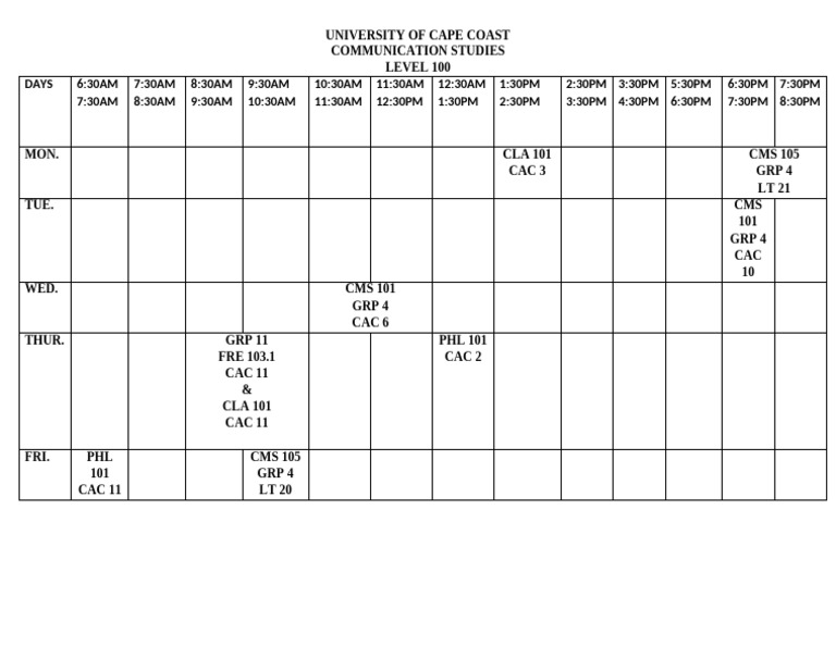 Cms Timetable Level 100 | PDF