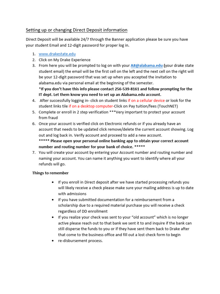 Setting Up or Changing Direct Deposit Information | PDF