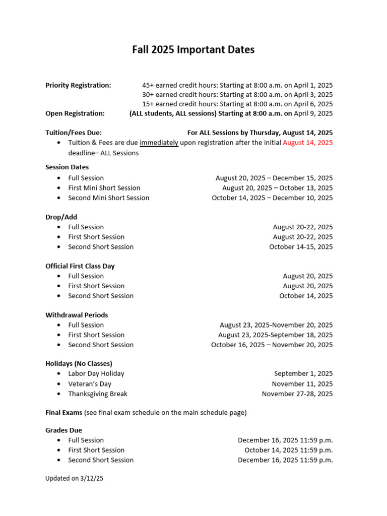 Fall 2025 Important Dates | PDF