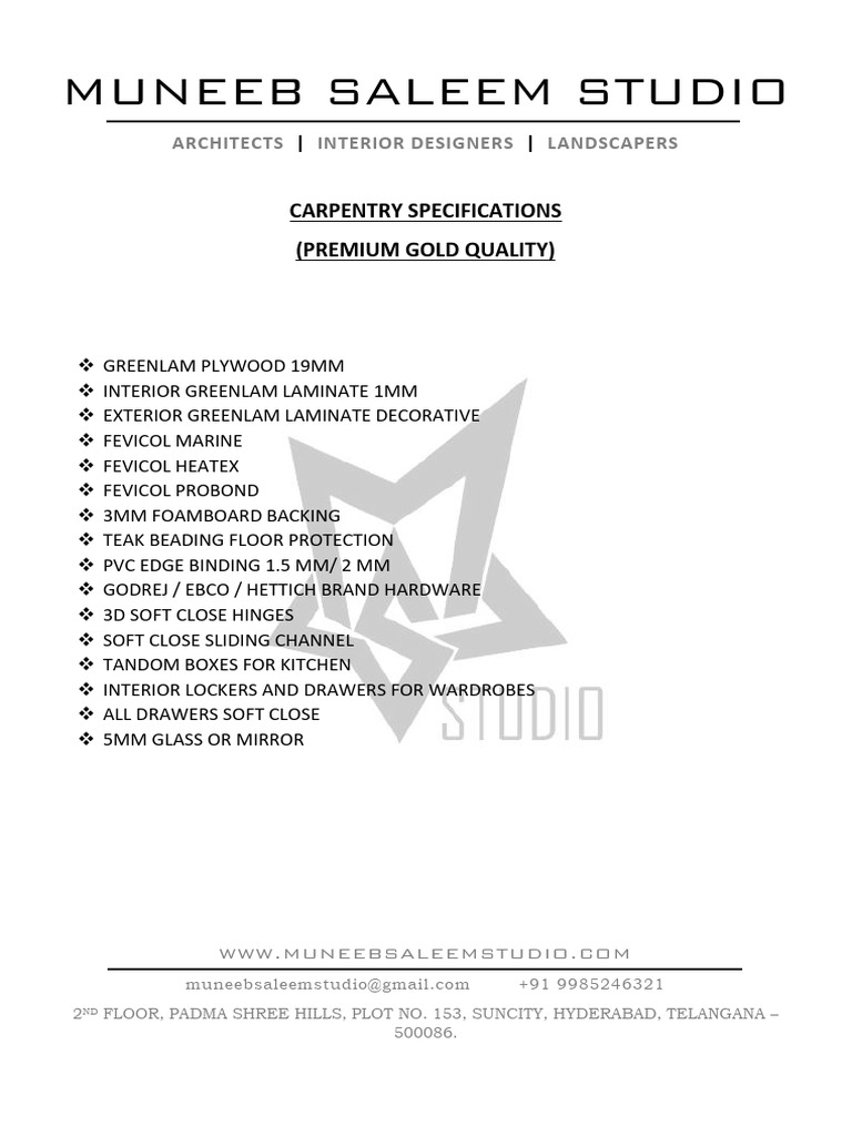 Muneeb Saleem Studio - Carpentry Specification - Premium | PDF