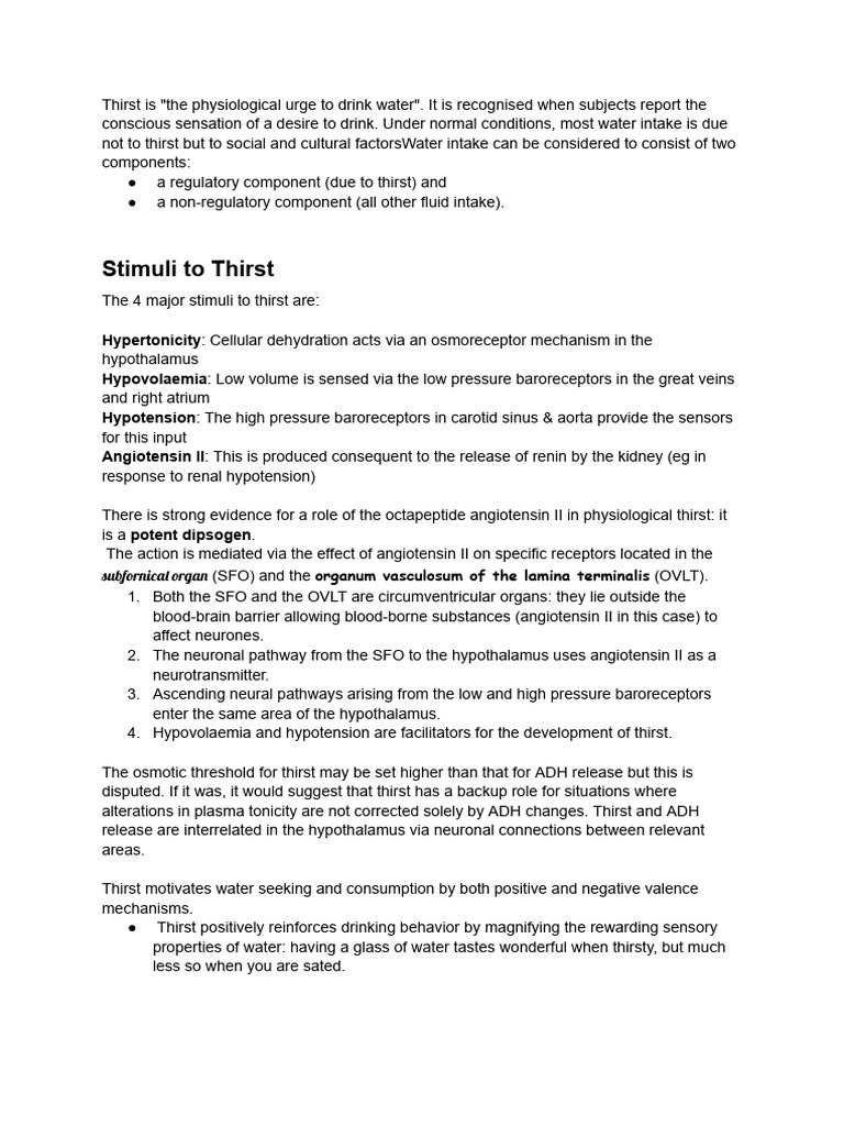 Module 2.6 - Physiology of Thirst | PDF | Hypothalamus | Angiotensin
