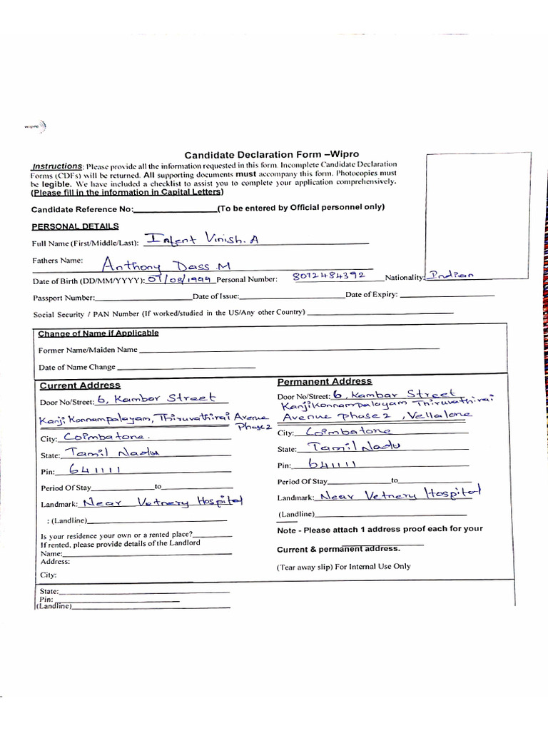 Candidate Declaration Form Wipro | PDF