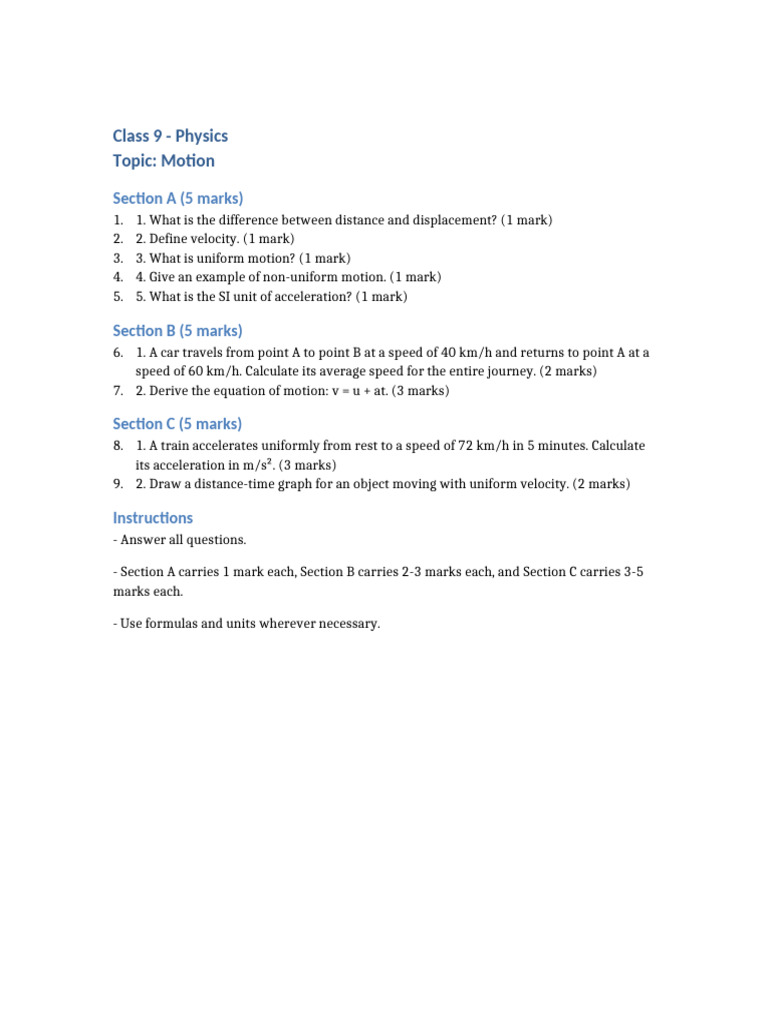 Class 9 Physics Motion Questions | PDF
