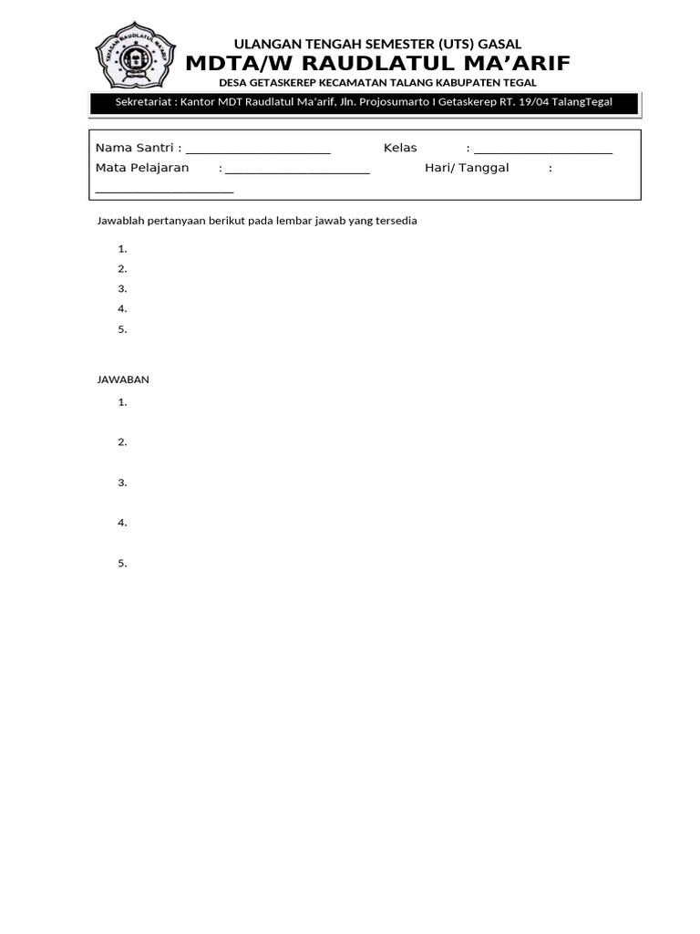 KOP UTS MDA GETASKEREP GASAL | PDF