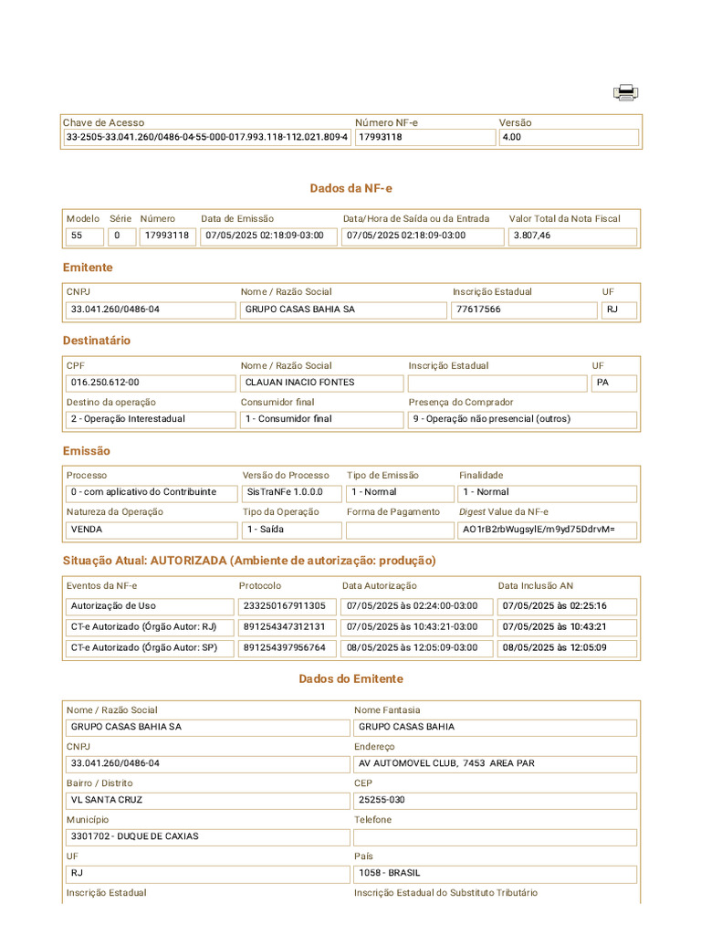 Nota Fiscal Eletrônica - 33.041.260/0486-04 | PDF