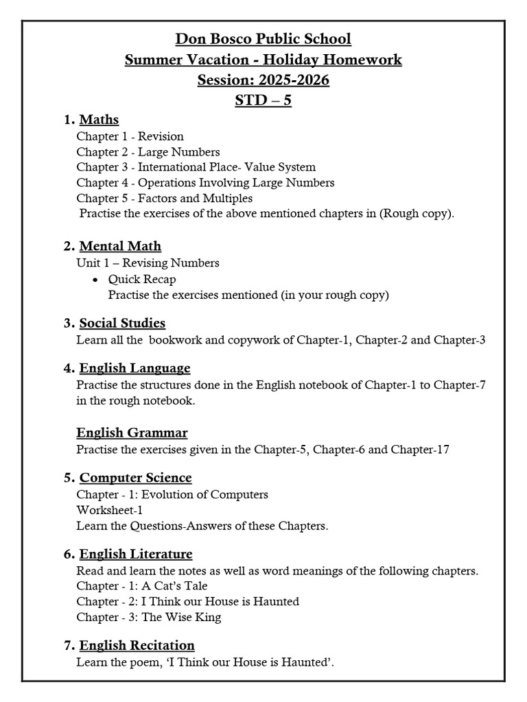 Class 5 Summer Vacation Homework | PDF