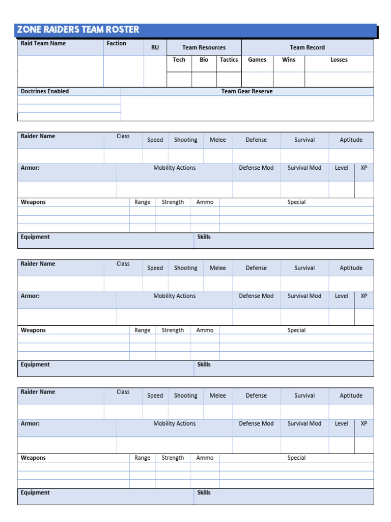 Zone Raiders Printable Roster | PDF | Military | Military Science