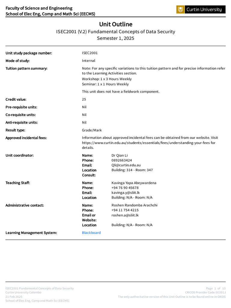 ISEC2001 Fundamental Concepts of Data Security Semester 1 2025 Curtin University Colombo INT ...