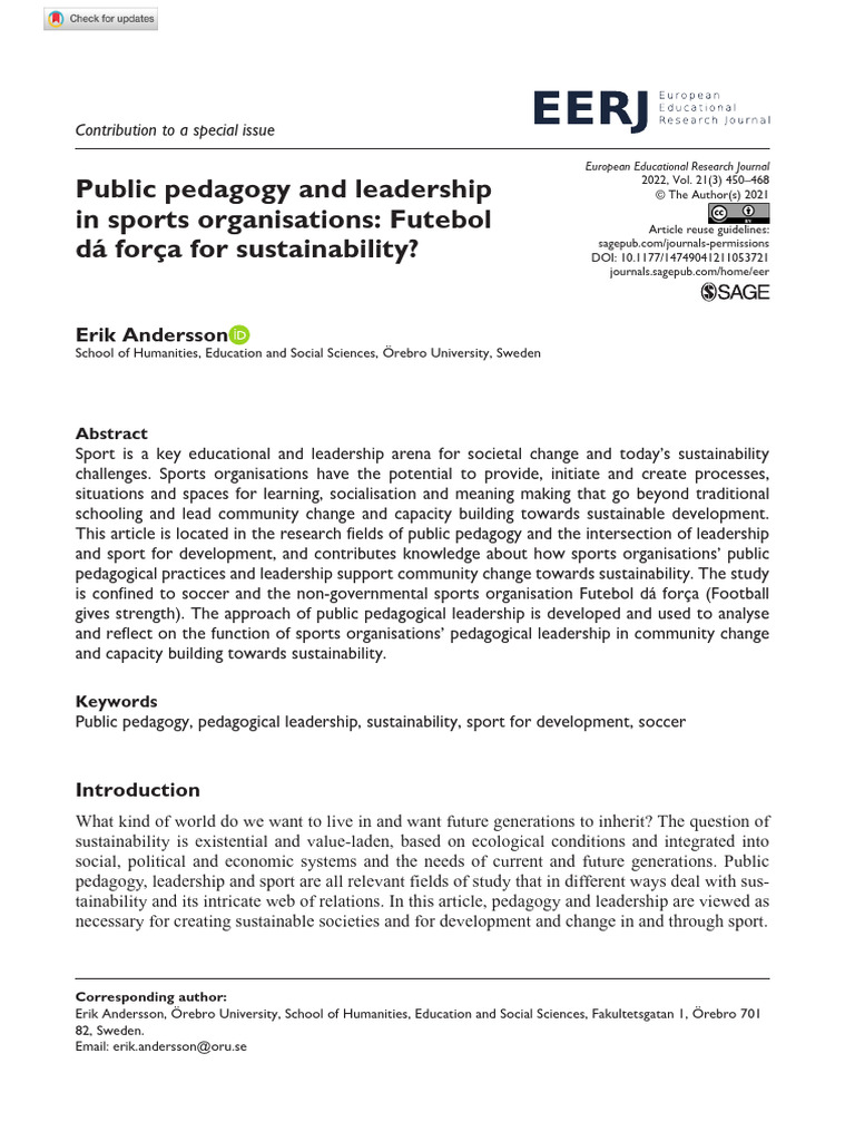 Andersson 2021 Public Pedagogy and Leadership in Sports Organisations Futebol Da Forca For ...