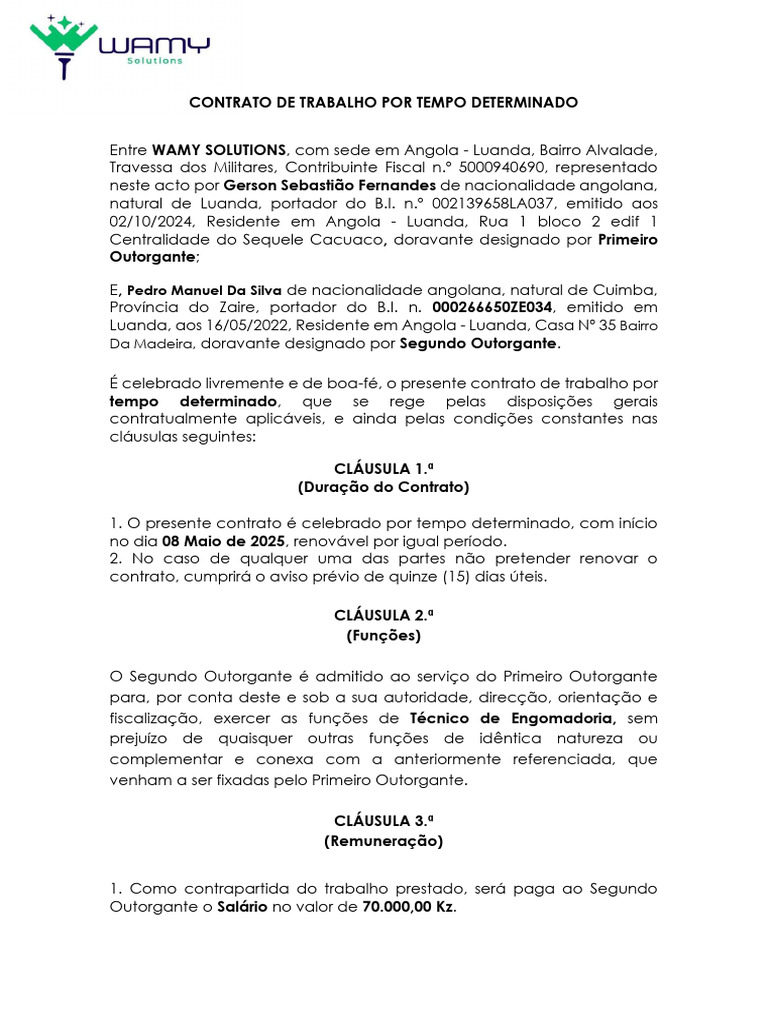 Contrato de Trabalho Por Tempo Determinado Pedro | PDF | Angola