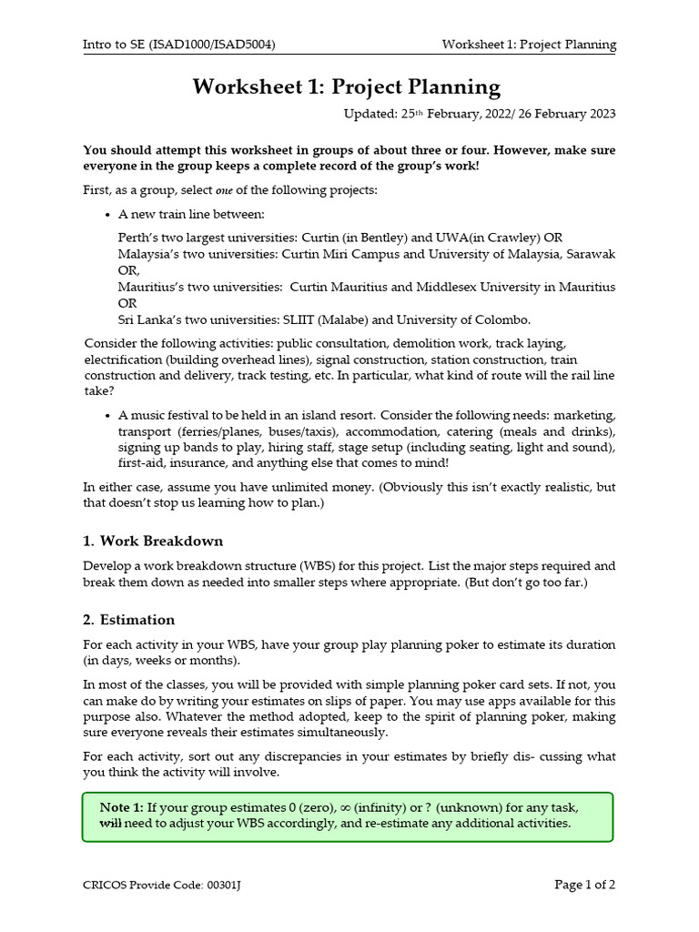Project Planning Worksheet for SE | PDF