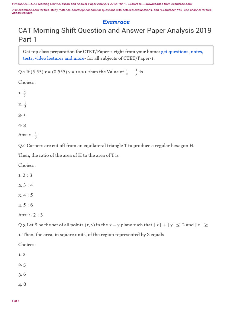 CAT Morning Shift Question and Answer Paper Analysis 2019 Part 1 | PDF ...