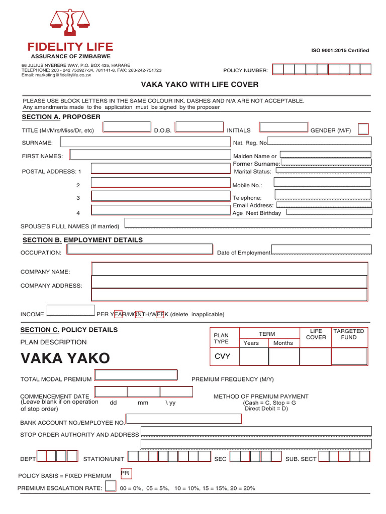 Fidelity Life Vaka Yako Proposal Form Editable Final-1 | PDF
