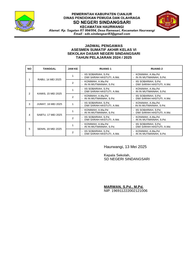 Jadwal Pengawas Ujian Sekolah 2025 | PDF