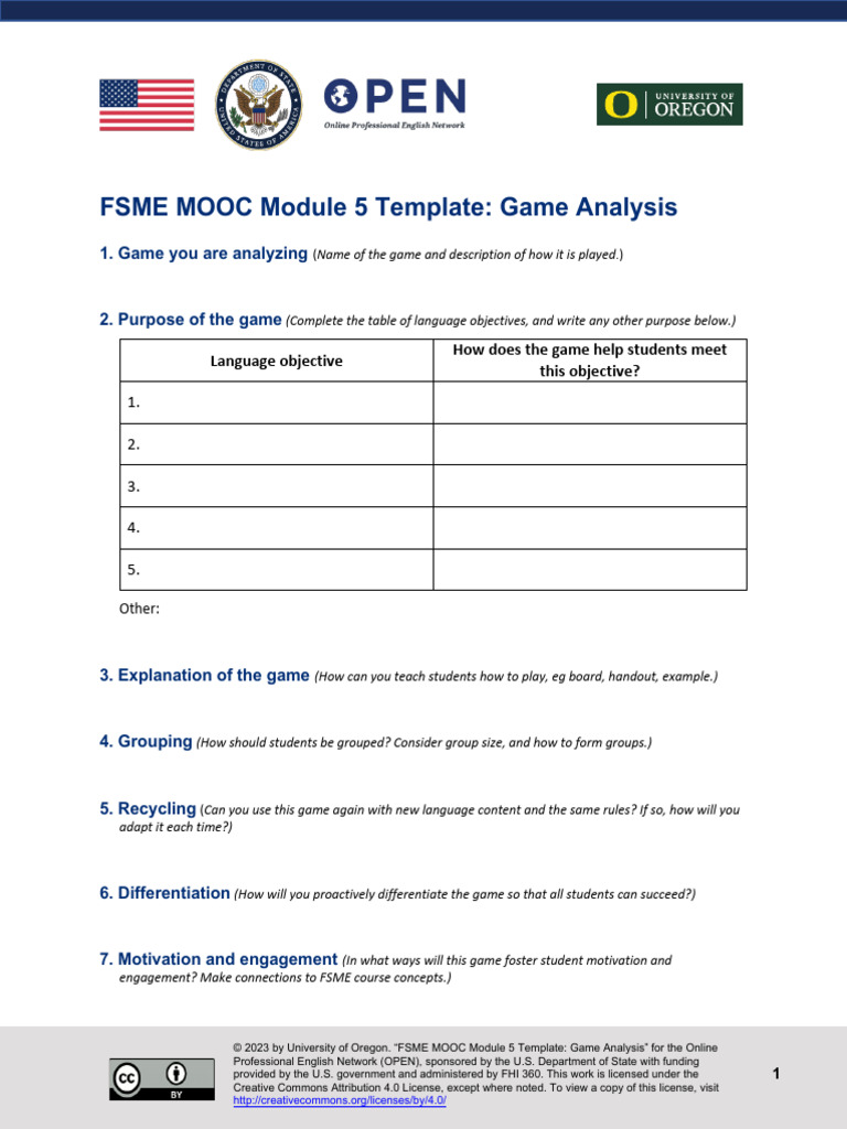 FSME MOOC Module 5 Template - Game Analysis | PDF