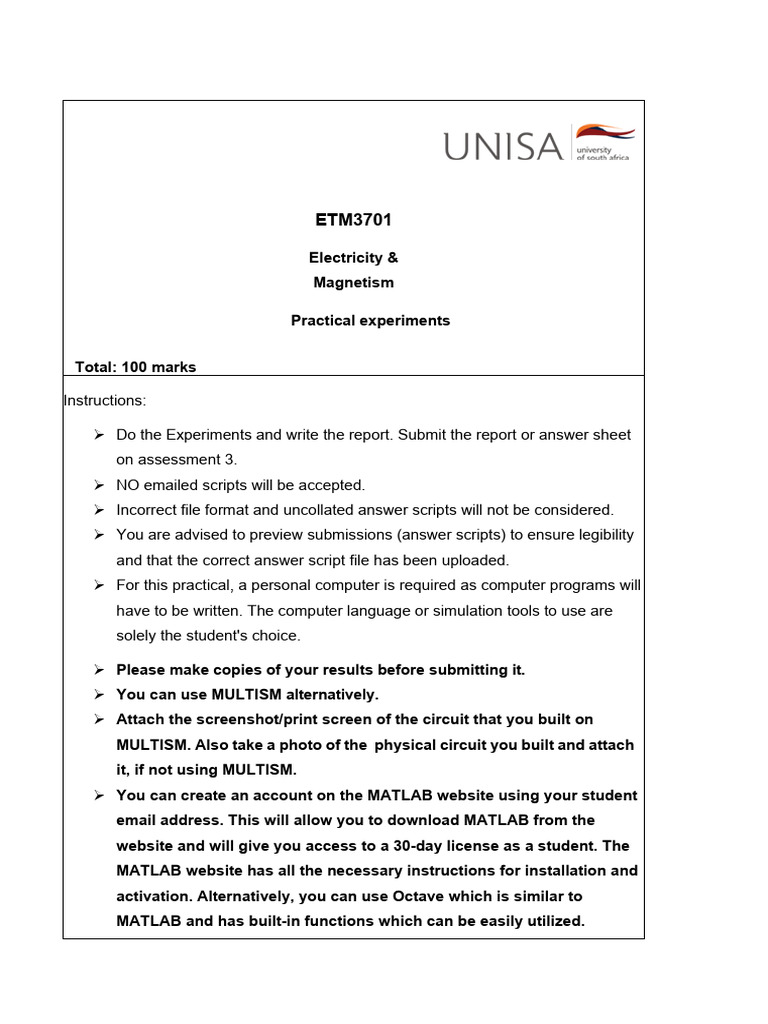 ETM3701 PRACTICAL EXP_2023 | PDF | Electric Field | Matlab