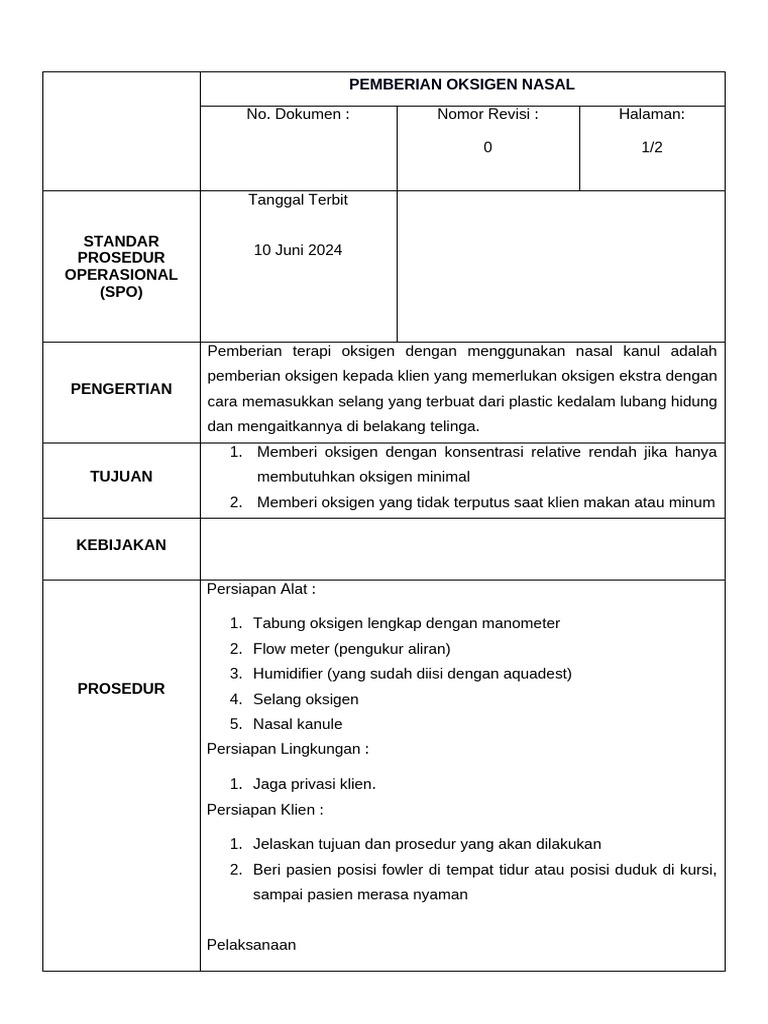 Pemberian Oksigen Nasal | PDF