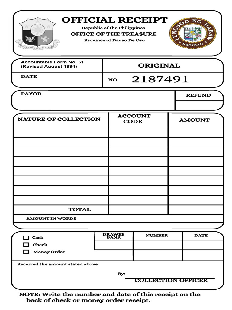 Official Receipt Sample - Davao De Oro | PDF