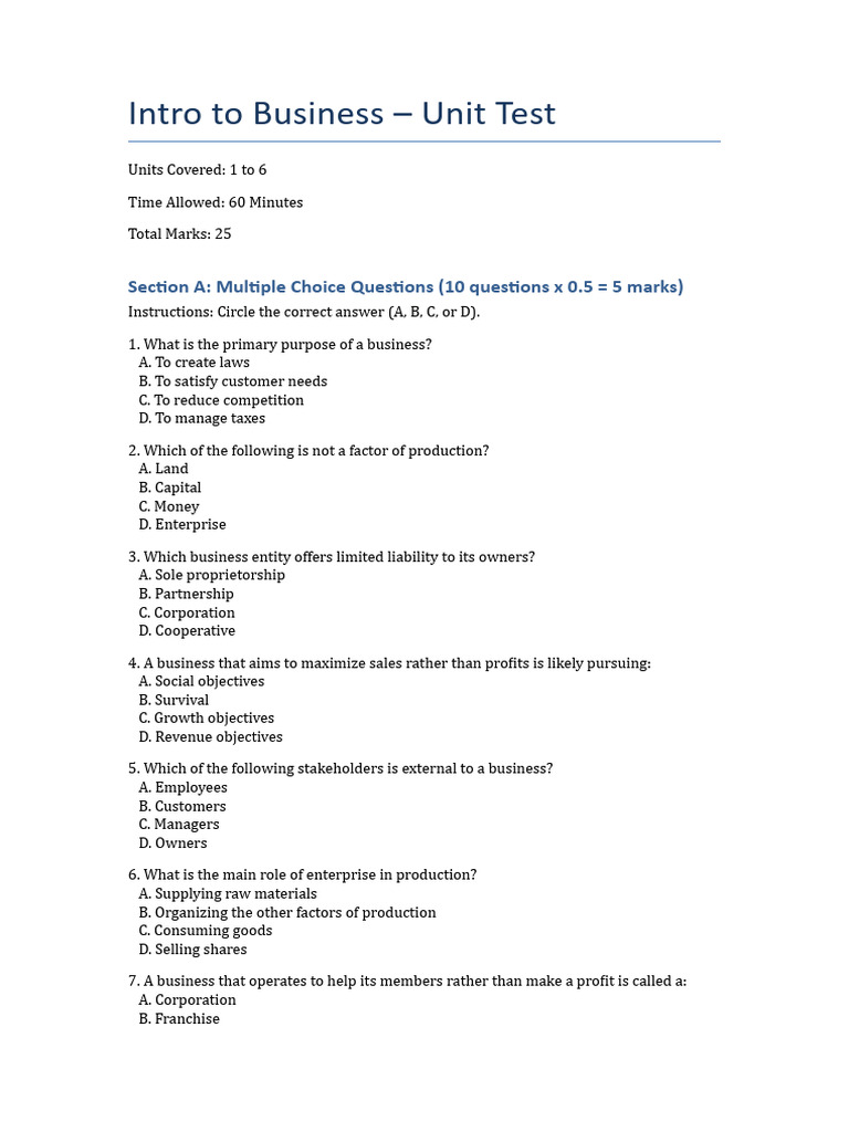 Intro To Business Unit Test | PDF | Corporations | Entrepreneurship