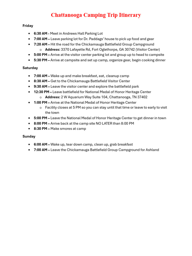 Chattanooga Camping Trip Itinerary | PDF