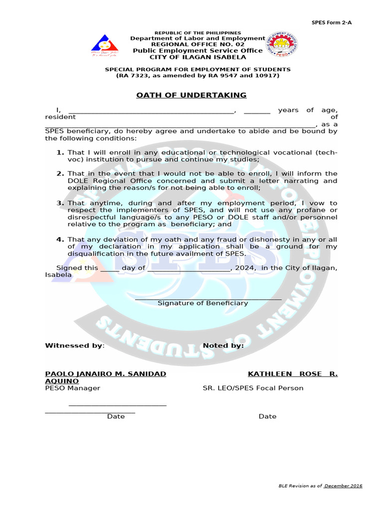 827019300 Spes Form 2 a Oath of Undertaking | PDF