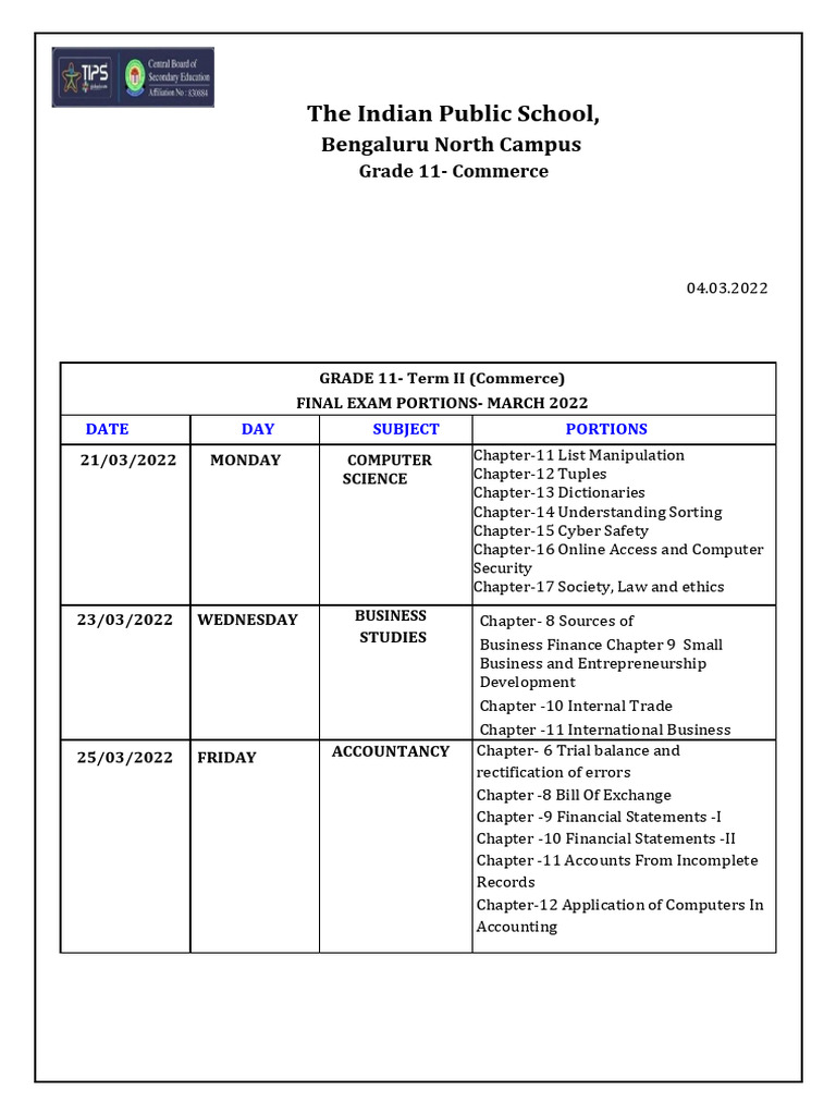 Grade 11 Time Table and Portion List Commerce | PDF