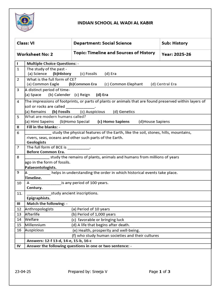 .Class VI - Timeline and Sources of History (Hist.) | PDF | Calendar ...