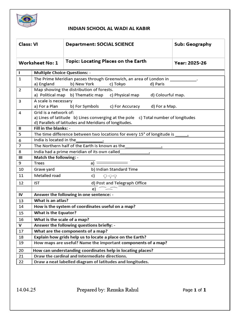 Class 6 Geography: Locating Places Worksheet | PDF