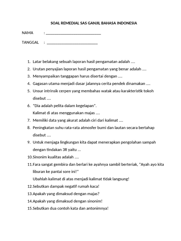 SOAL REMEDIAL SAS GANJIL BAHASA INDONESIA dan ipas | PDF